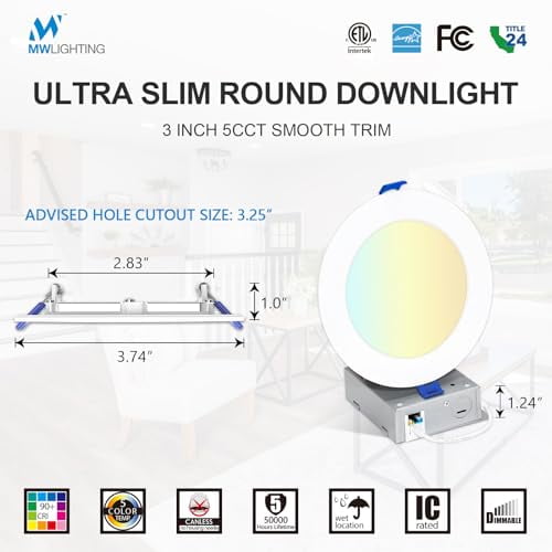 mw 3 Inch 5CCT Ultra-Thin LED Recessed Ceiling Light with Junction Box, 2700K/3000K/4000K/5000K ...