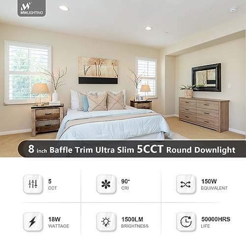 mw 8 Inch Canless 5 Selectable Color Temperature Ultra-Slim Baffle Round LED Downlight with ...