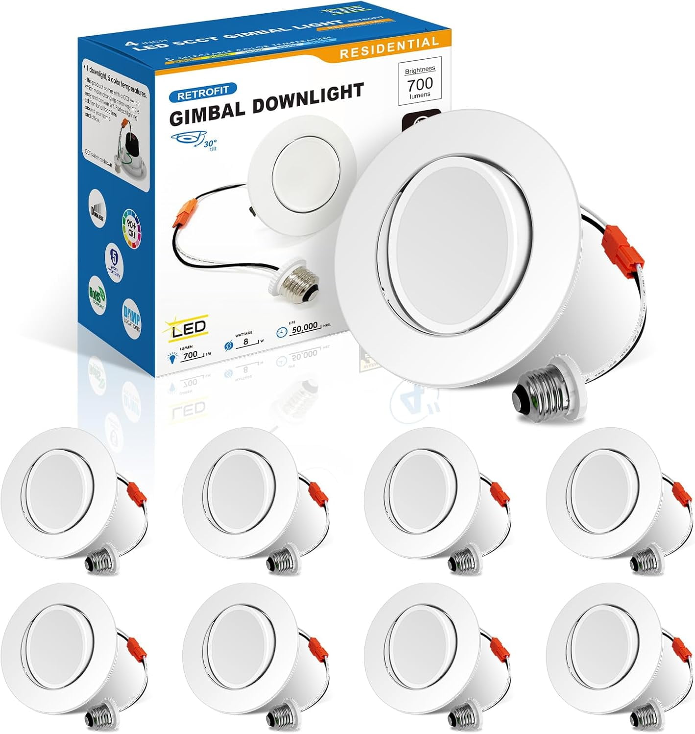 mw 8 Pack 4 Inch Rotatable Retrofit Gimbal LED Can Lights Dimmable, 8W ...