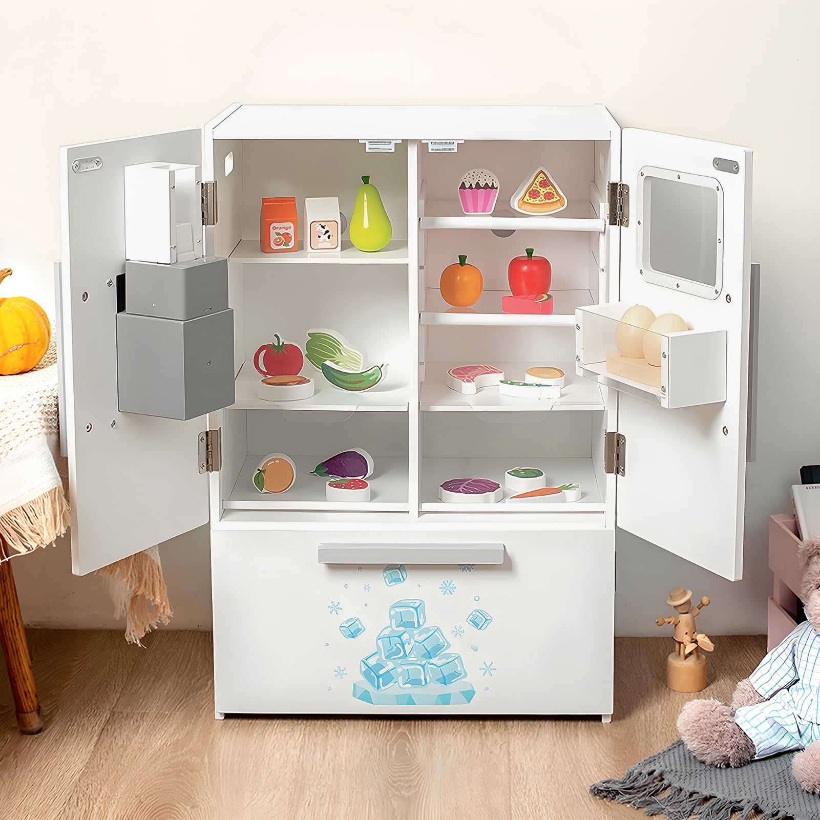 mwptoo Toy Kitchen Wooden Fridge, Wooden Fridge Freezer Set with Ice ...