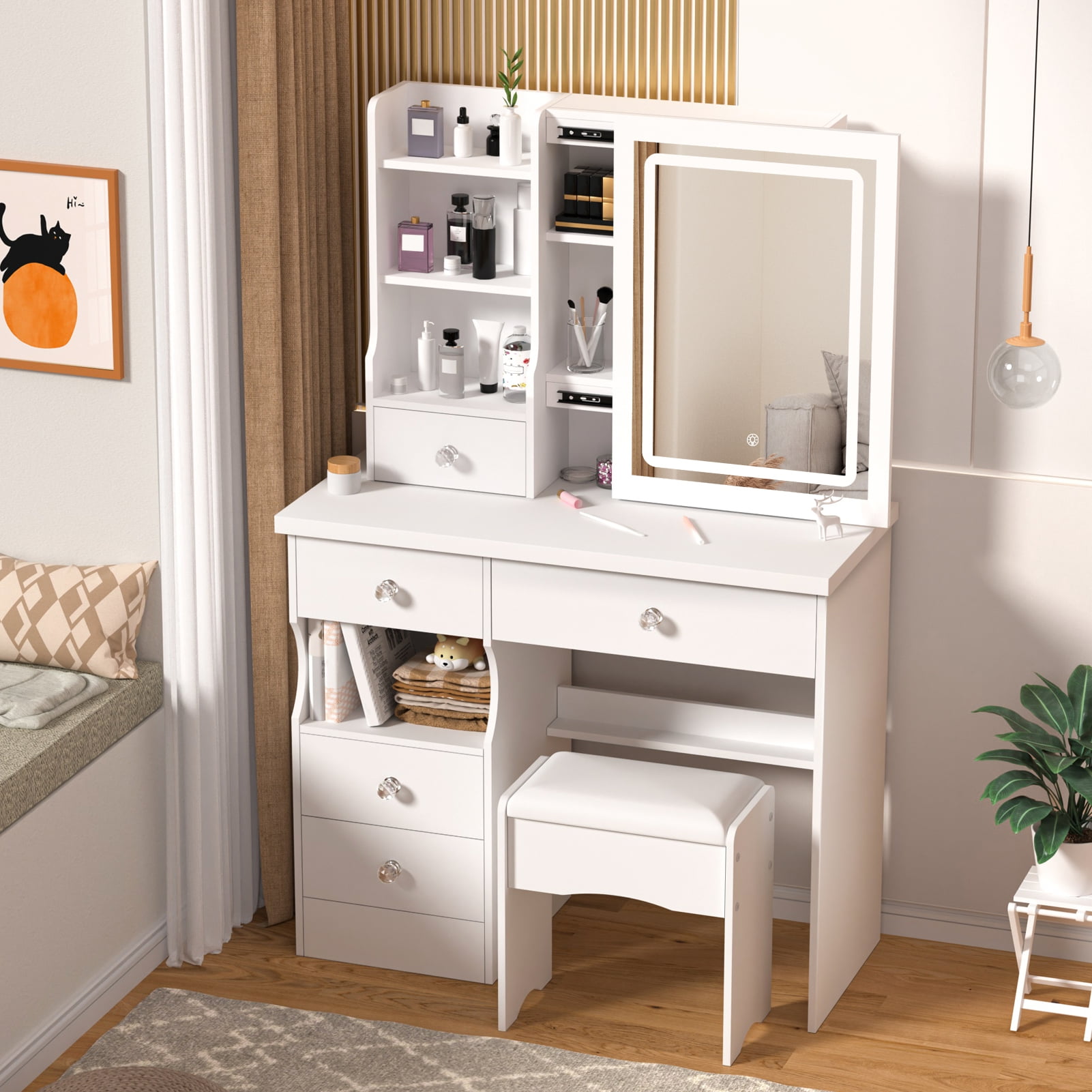 mwptoo Vanity Desk with LED Lighted Mirror, Bedroom Dressing Table ...