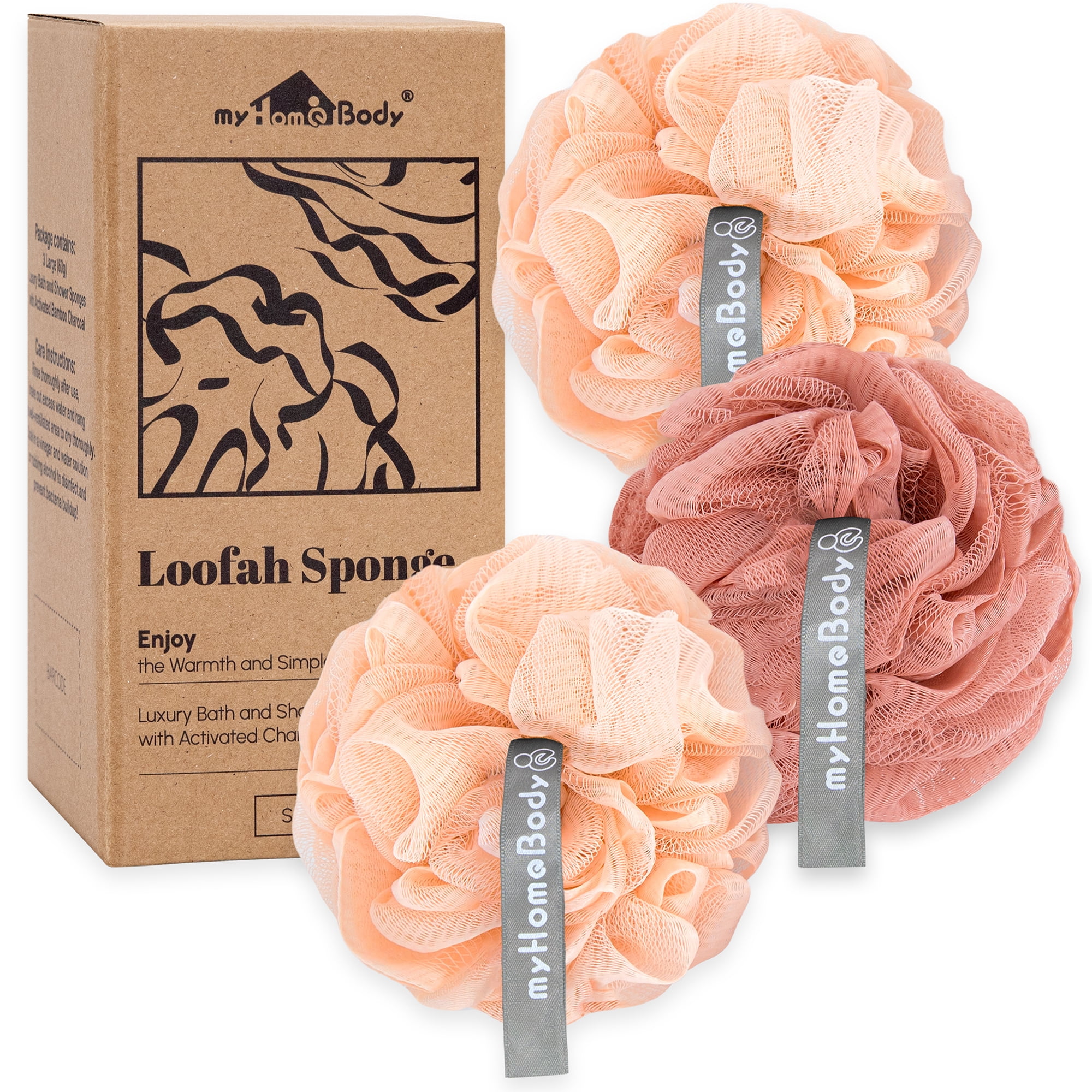 myHomeBody 60g Loofah Sponge Exfoliator, 3 Pack (2 Peach, 1 Coral Red ...