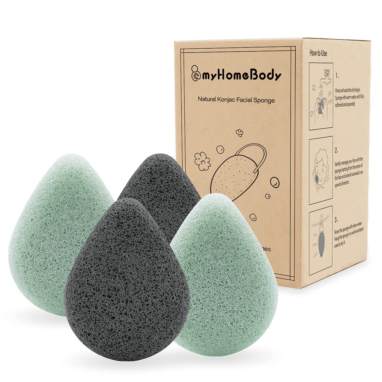 myHomeBody Natural Konjac Facial OIF8 Sponges - Teardrop Shape - for Gentle Face Cleansing and ...