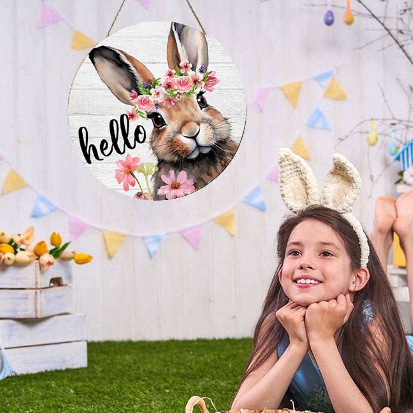 nTRIUQJ Wooden Easter Bunny Welcome Sign Home Garden Decoration for ...