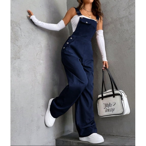 navy blue Loose Wide-Leg Overalls Cargo Pants for Women, Adjustable ...