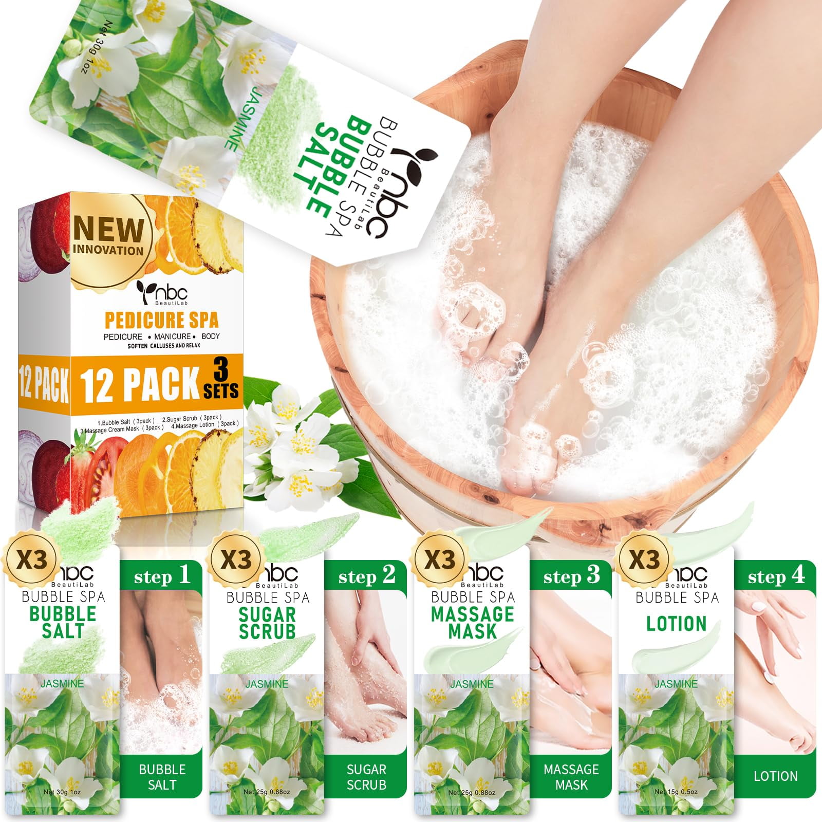 nbc BeautiLab Pedicure Kit Foot Soak Set: Bubble Salt, Sugar Scrub ...