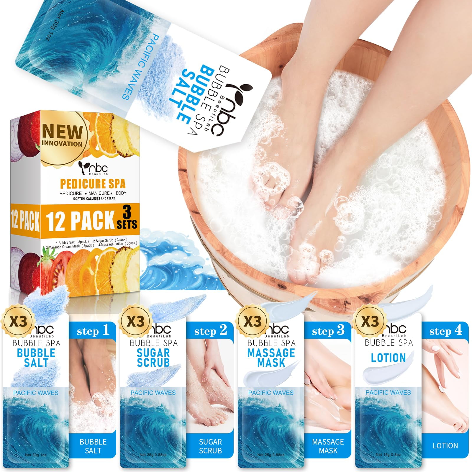 nbc BeautiLab Pedicure Kit Foot Soak Set: Bubble Salt, Sugar Scrub, Massage Mask, Massage Lotion ...