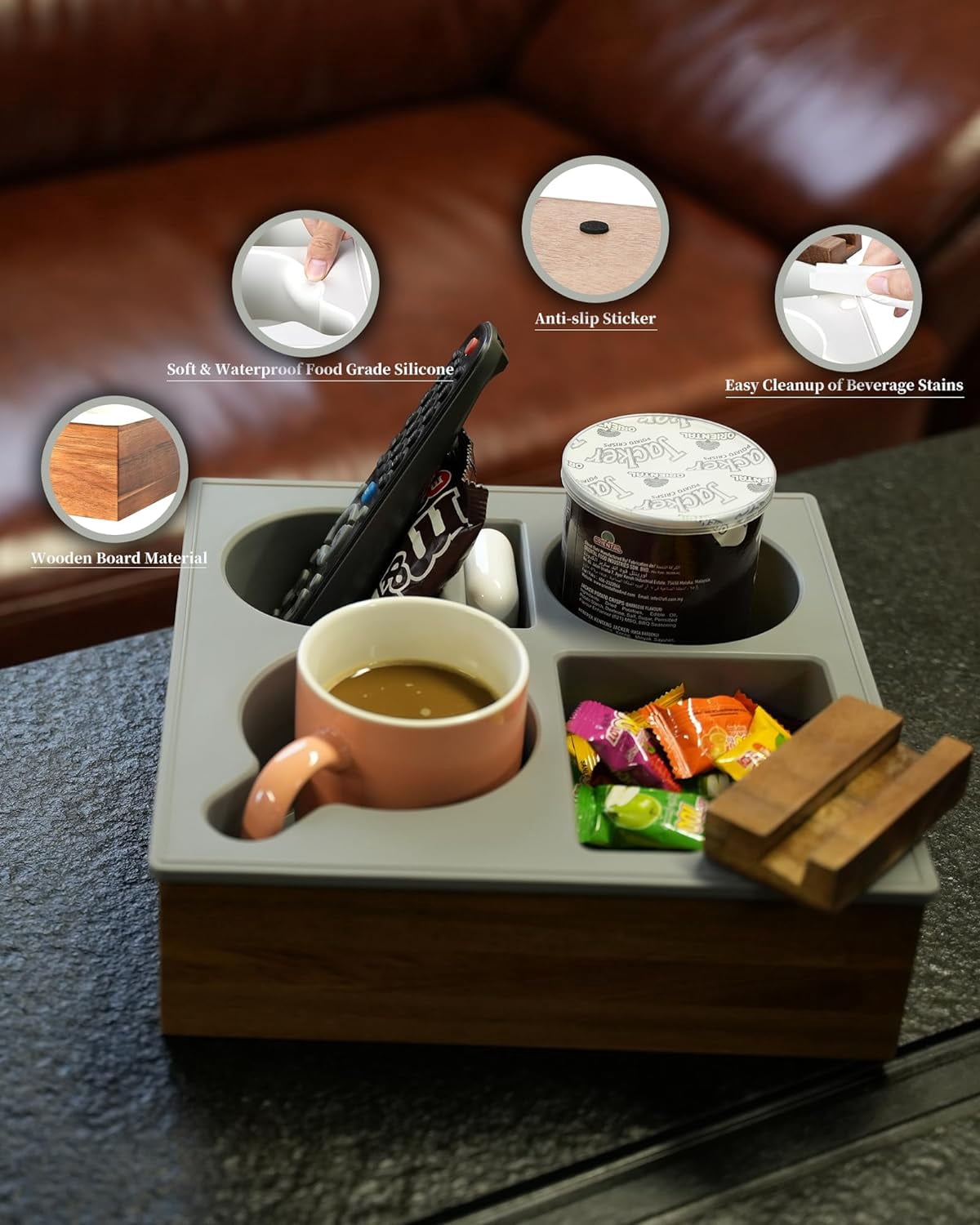 nbghyutd Couch Cup Holder Tray Handy Soft Silicone Acacia Wooden Couch ...