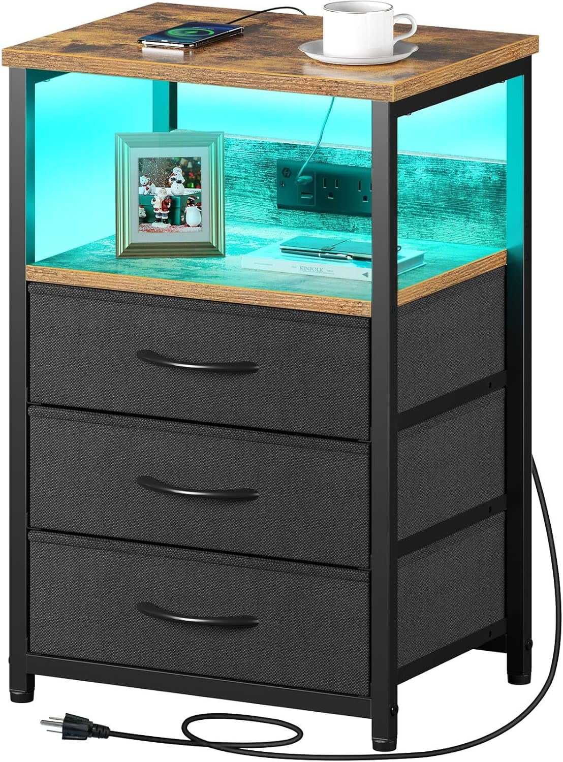 nbvfghjq Nightstand with Charging Station and LED Light Side Table with ...