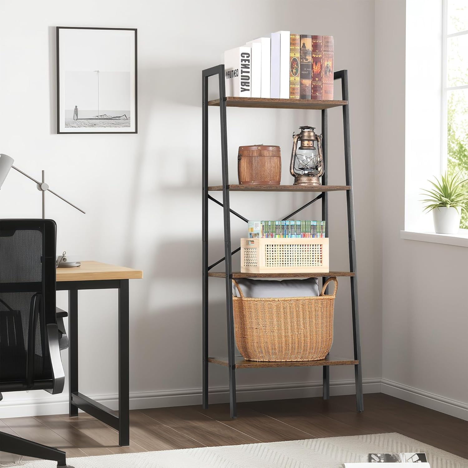 ndustrial Rustic Oak Bookcase Shelf, 4 Tier Ladder Bookshelf 24 Inch ...