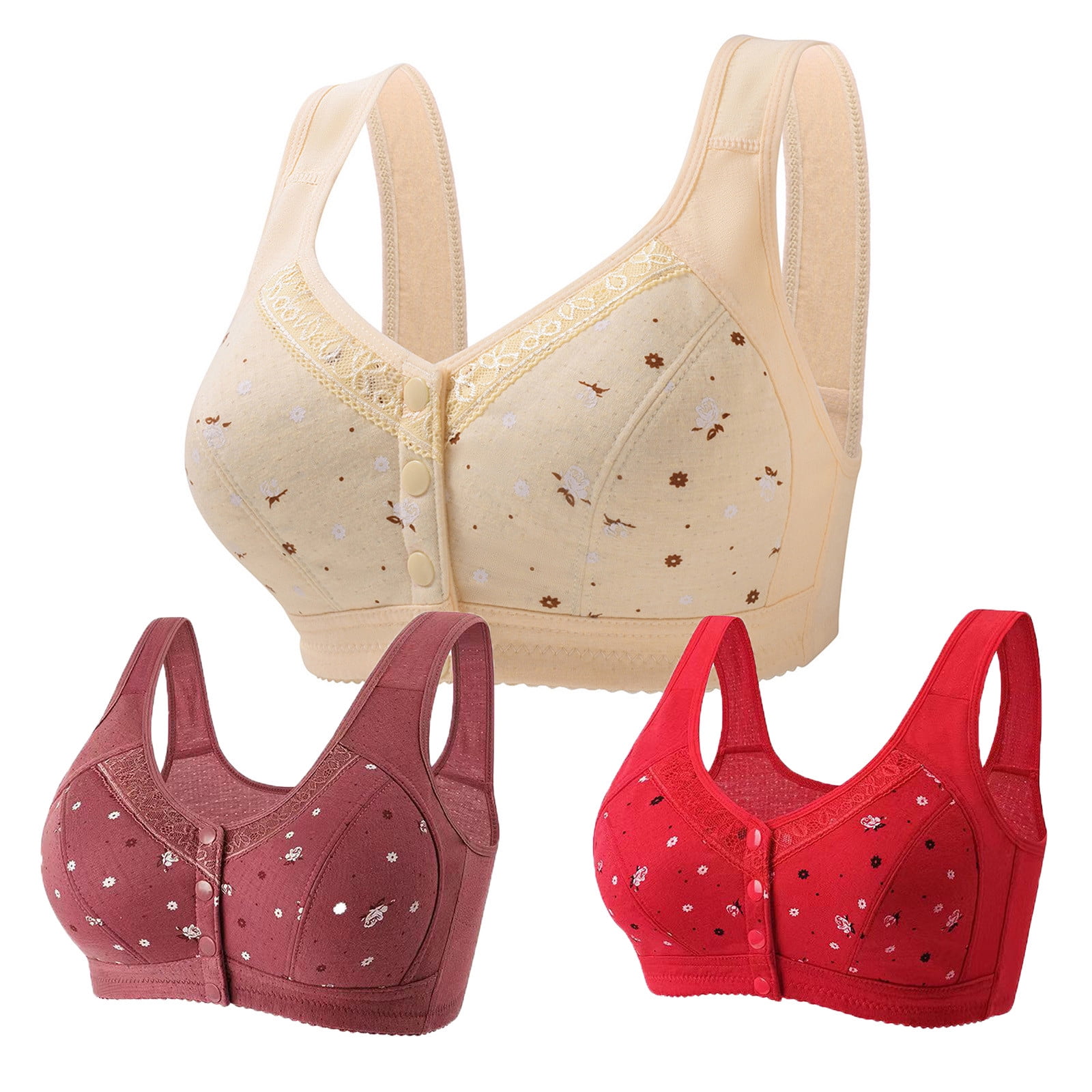 nerohusy 3 Pack Elderly Women Button Front Closure Bras,Daisy Bra for ...