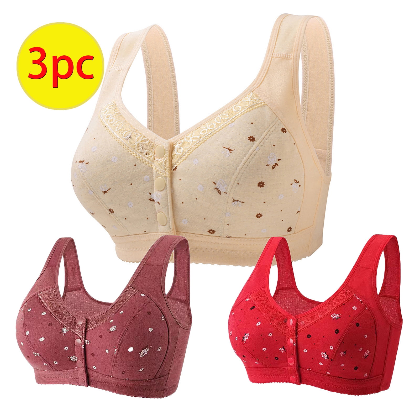 nerohusy 3 Pack Women's Wirefree Front Button Closure Bra,Plus Size ...