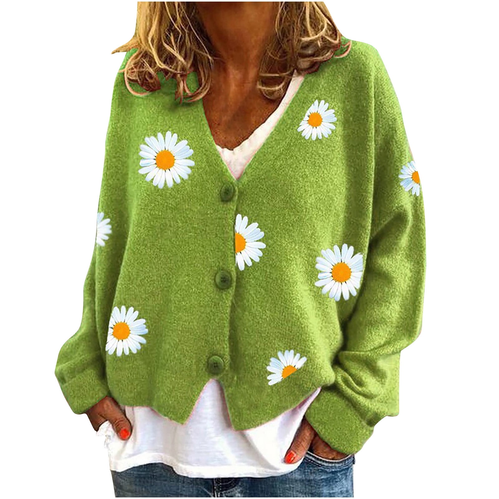 nerohusy Cute Daisy Flower Cardigan Sweater for Women Oversized ...