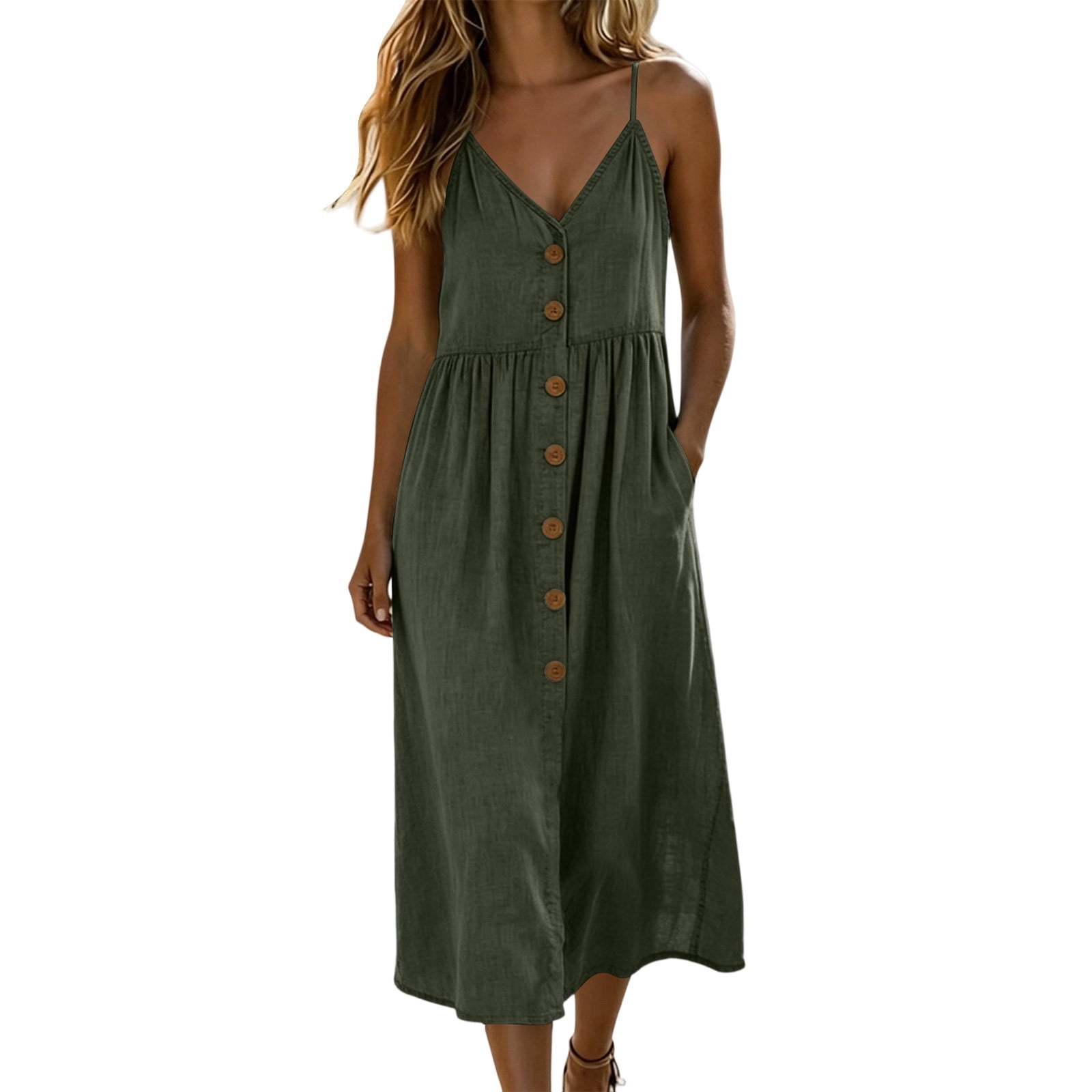 nerohusy Women Spaghetti Strap Dresses V Neck Button Down Midi Dress ...