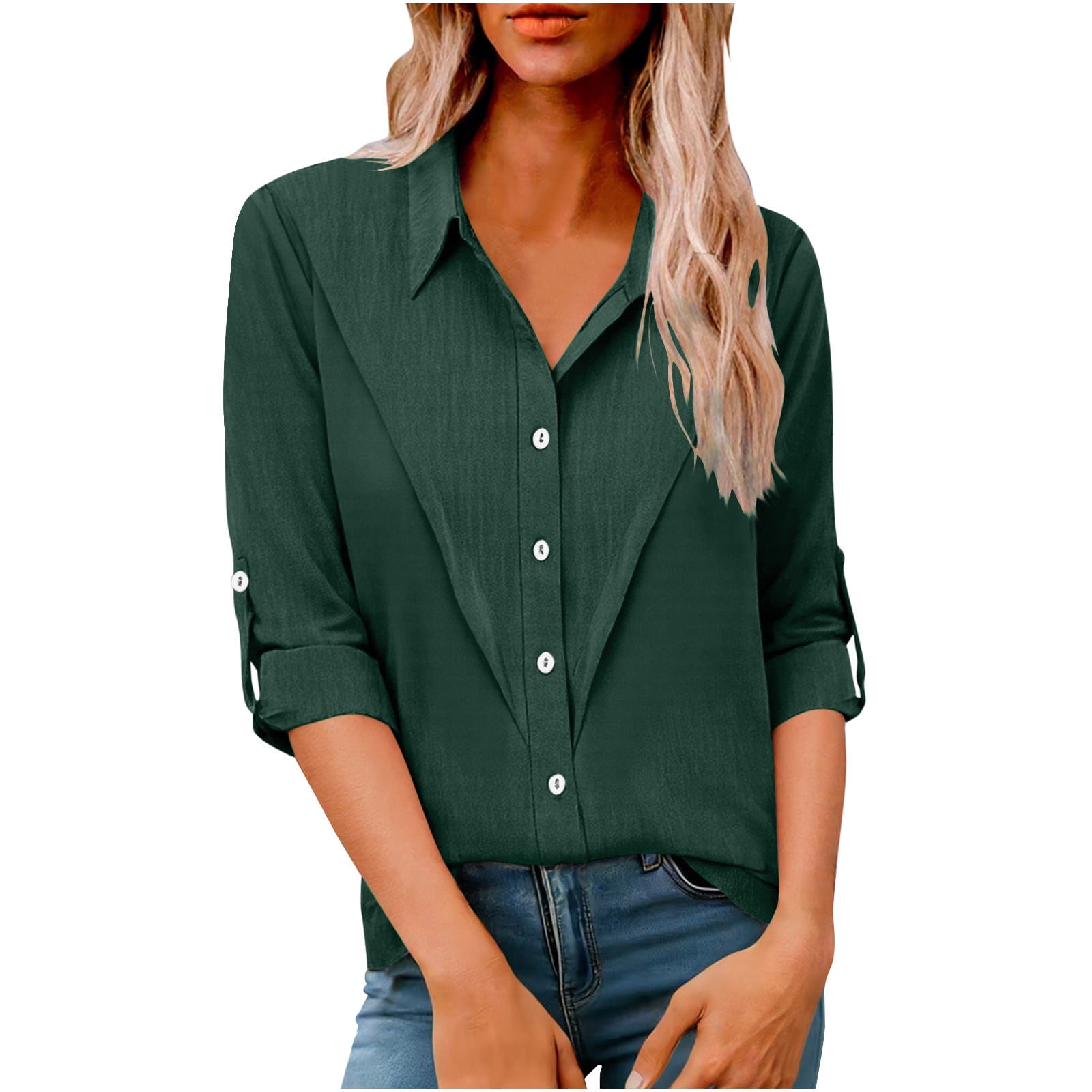 nerohusy Women's Plus Size Cotton Linen Shirts V Neck Lapel Button Down ...
