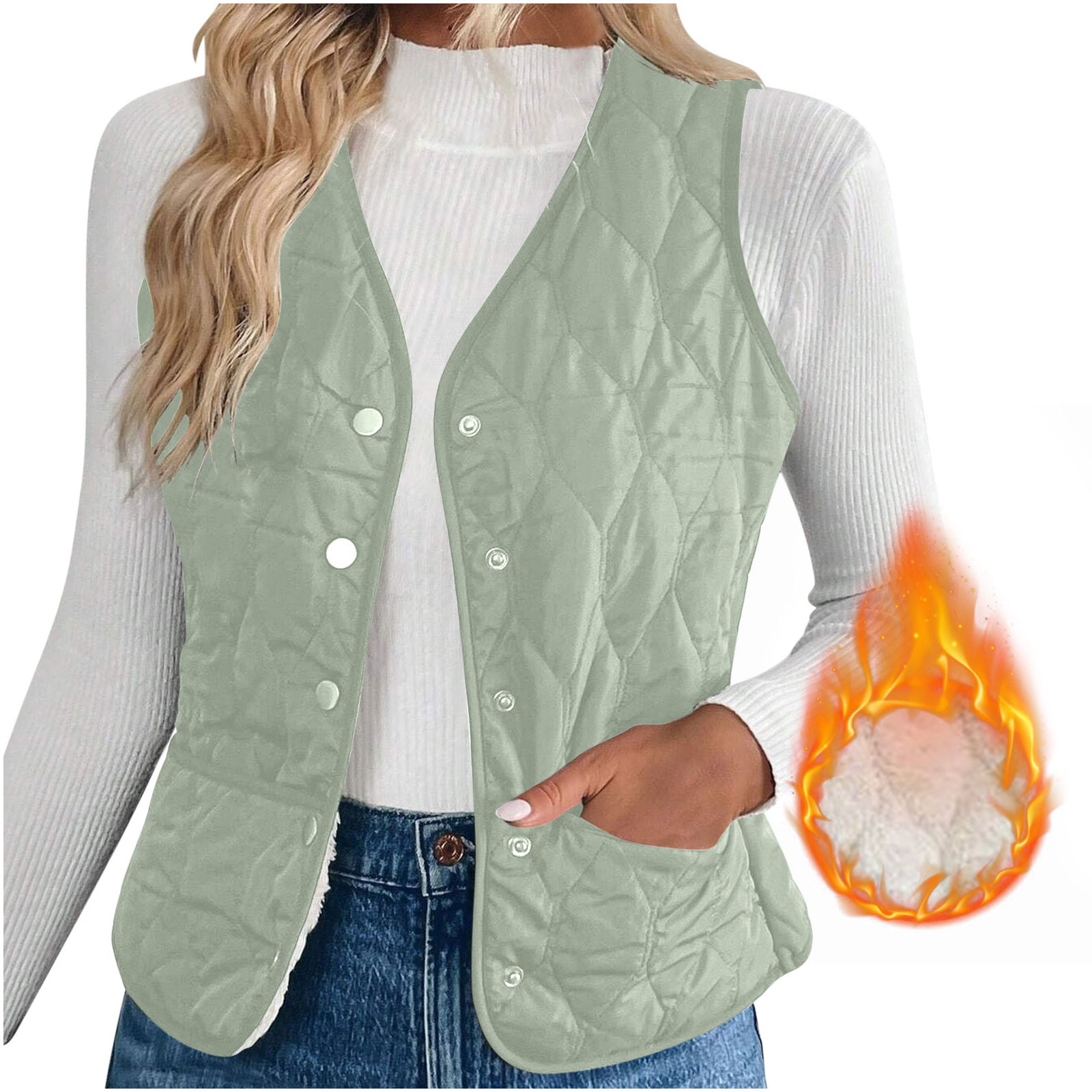 nerohusy Women's Quilted Vest Petite V Neck Fleece Puffer Vest Slim Fit ...