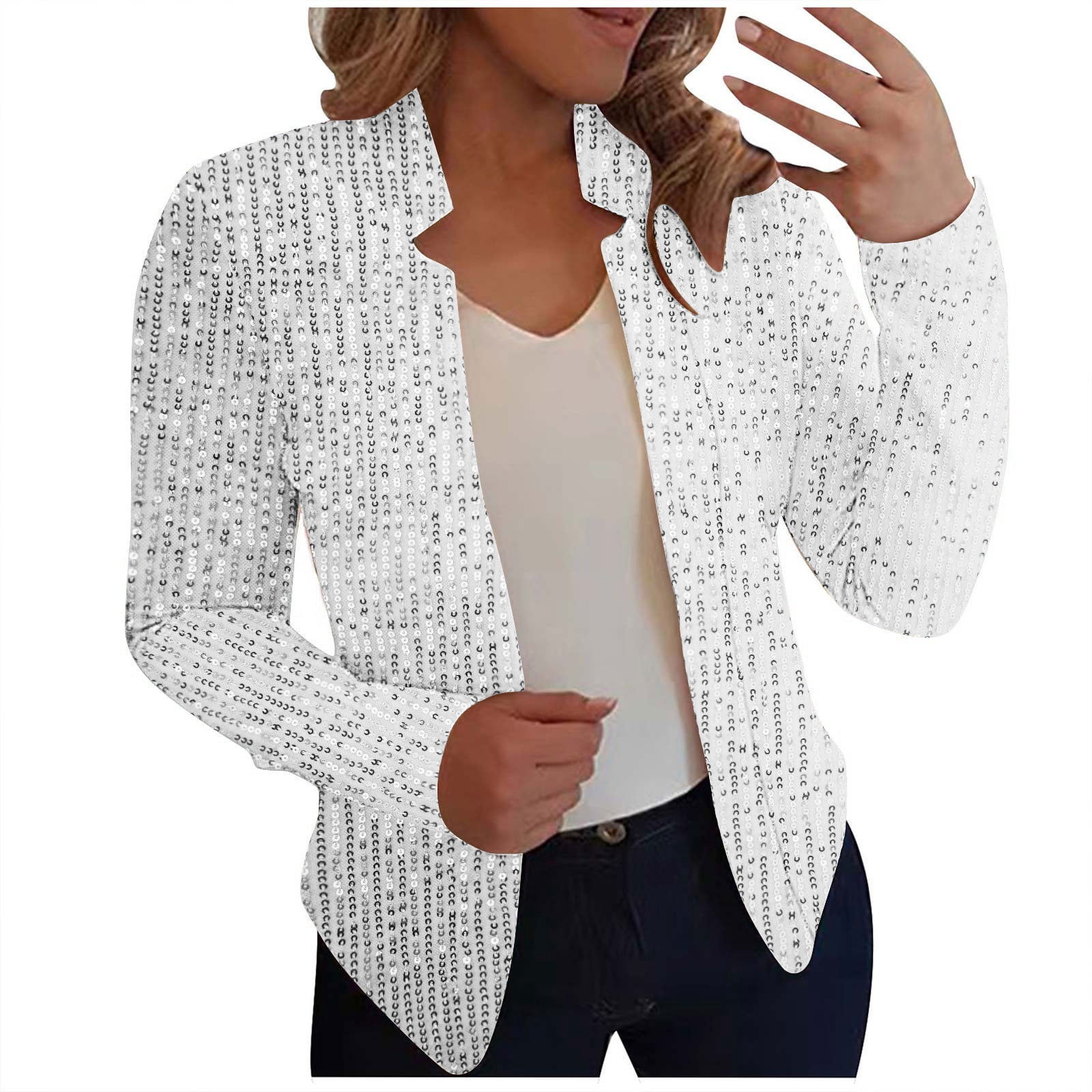 nerohusy Women's Sequin Cardigan Blazer Jacket Sparkly Coats Open Front ...
