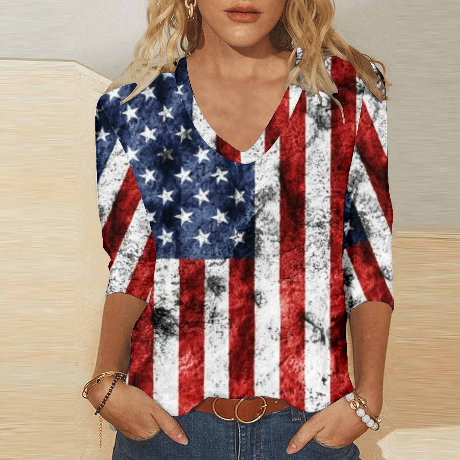 nerohusy Womens Patriotic Shirts 3/4 Length Sleeve Plus Size American Flag Tops for Women V Neck ...
