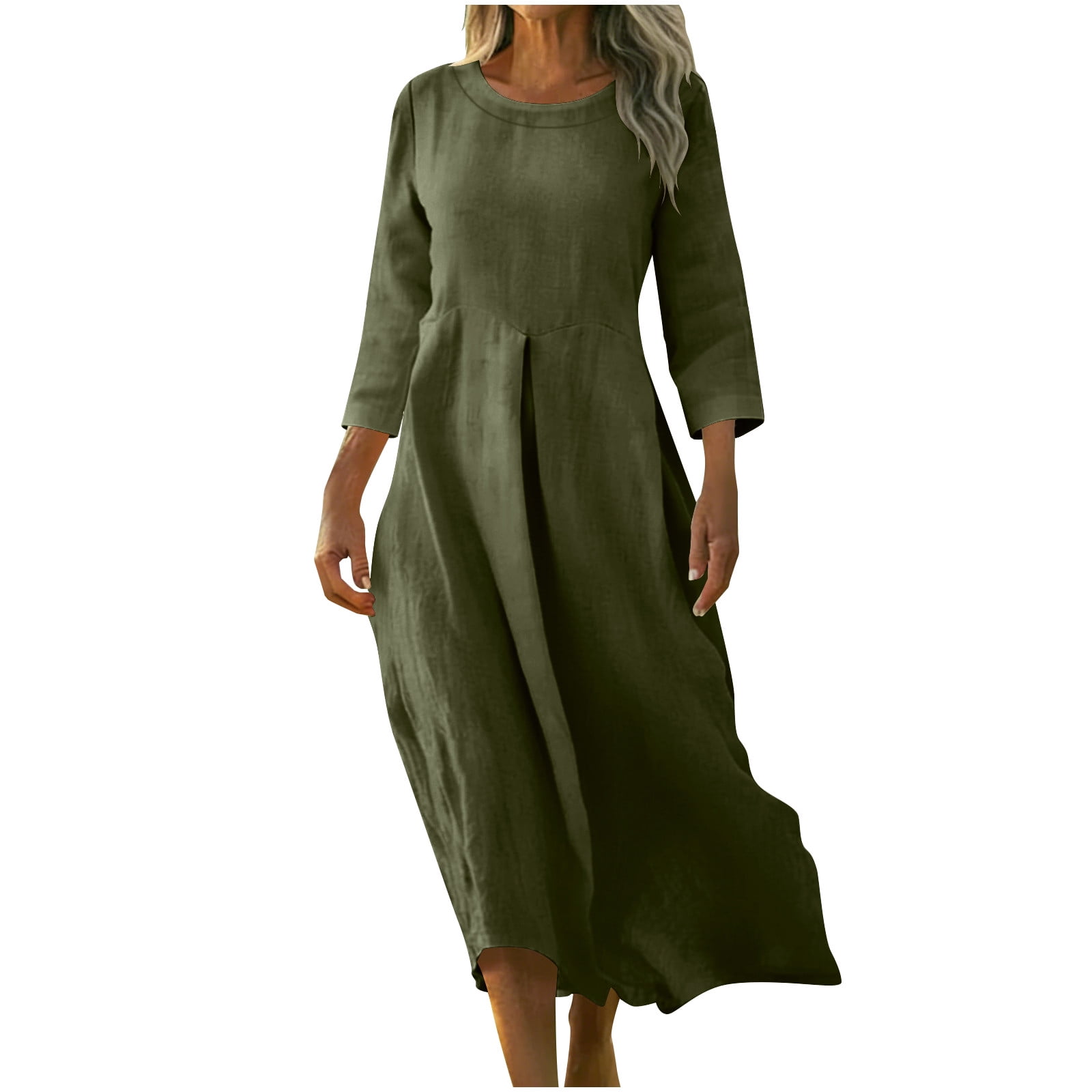 nerohusy Womens Summer Cotton Linen Dresses 3/4 Sleeve Pleated Flowy ...