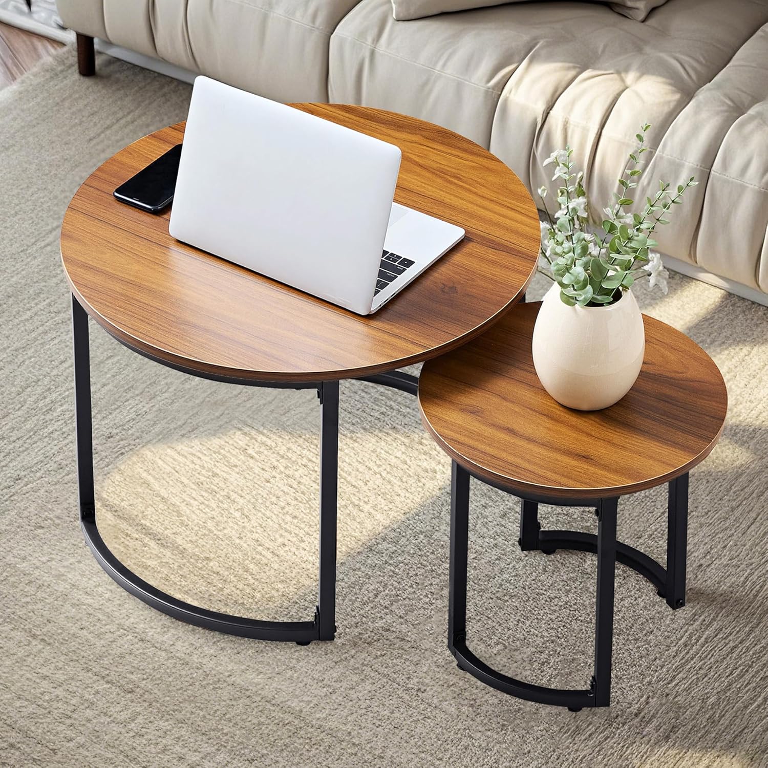 **nesting coffee table set of 2, wood round side tables with adjustable ...