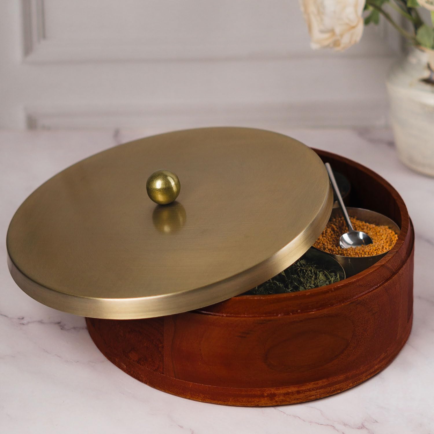 nestroots Wooden Masala Box for Kitchen9inches with small 7 Stainless ...