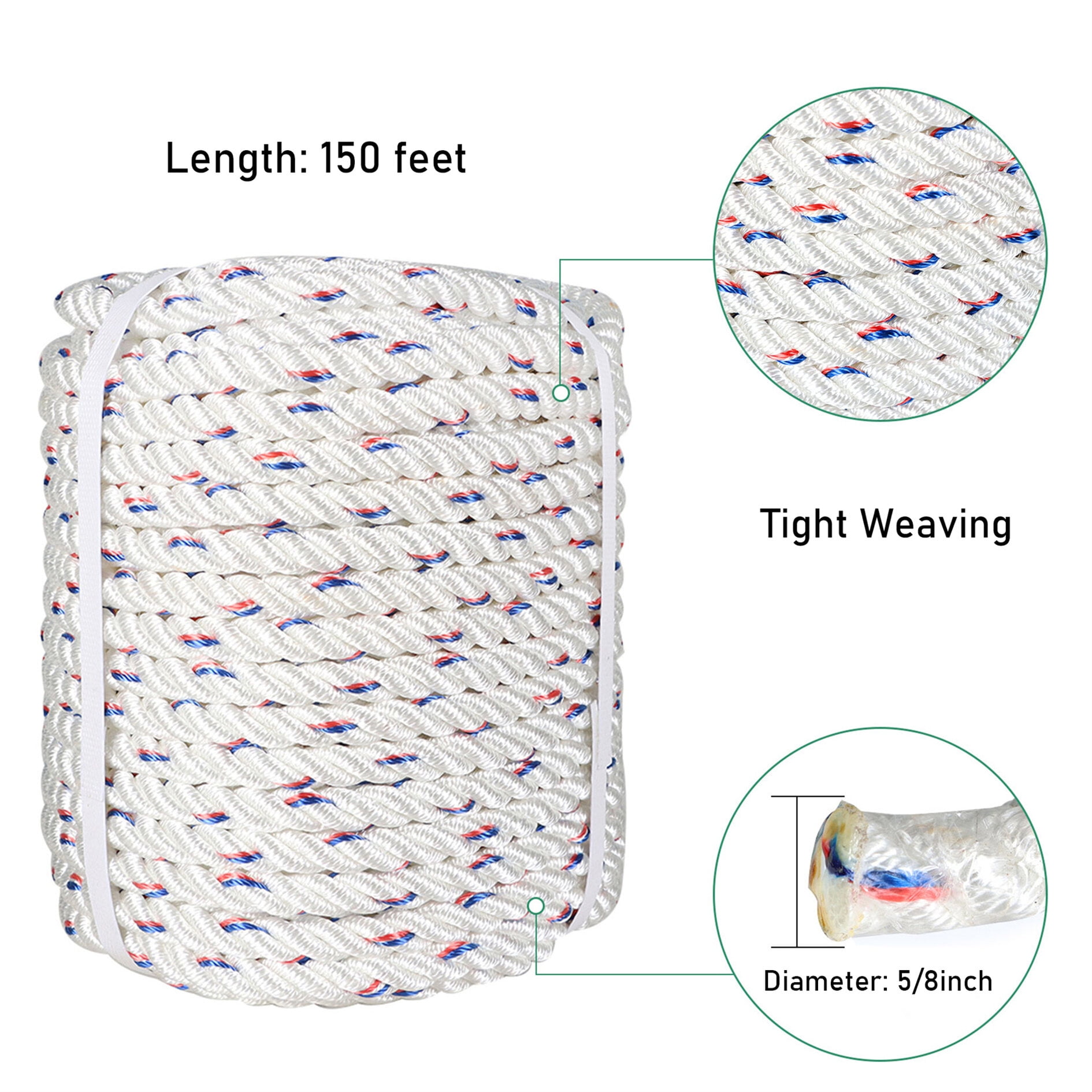 Netuera Long Heavy Duty 5/8In x 150FT Double Braid Polyester Arborist ...