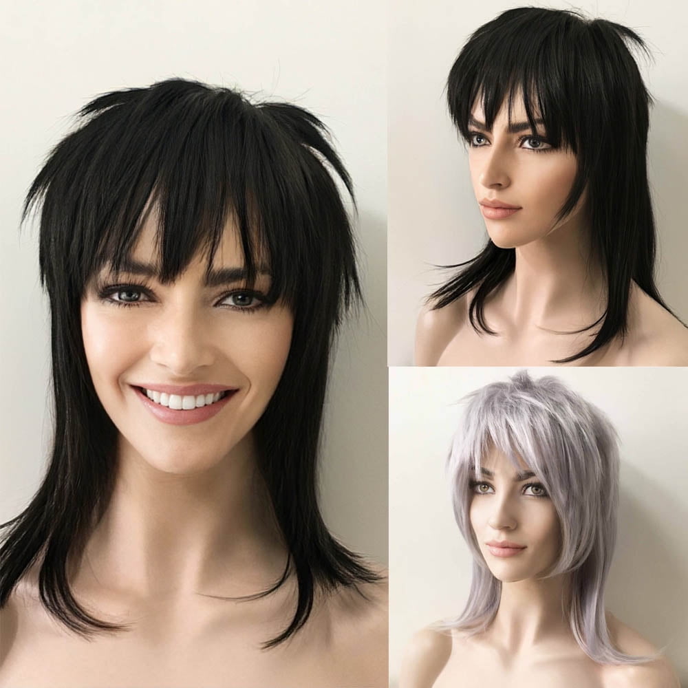nevermindyrhead Black Mullet Wig, Shoulder Length Straight Rocker Punk ...