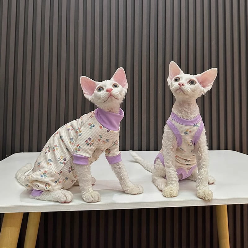 new waffle floral four-legged clothes, belly protection, hairless cat ...