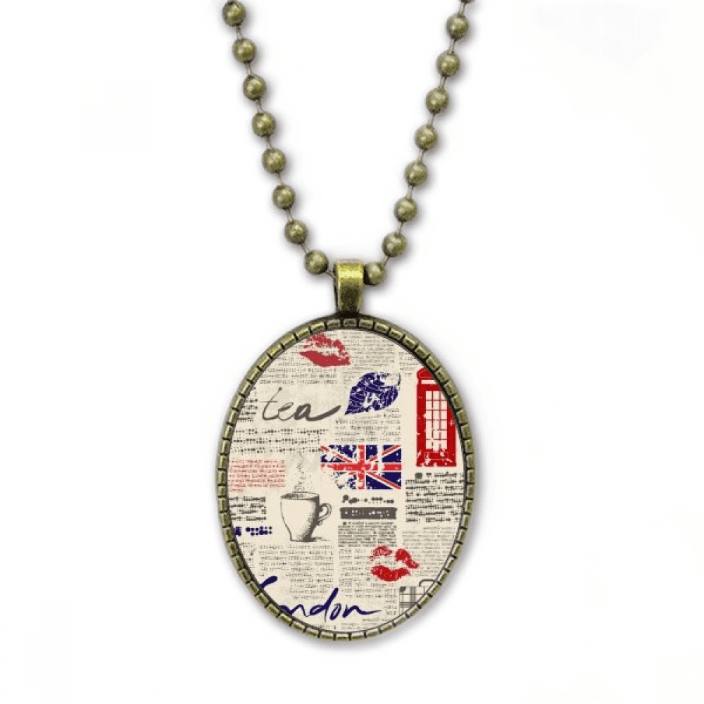 newspaper lips kiss coffee uk flag necklace vintage chain bead pendant ...
