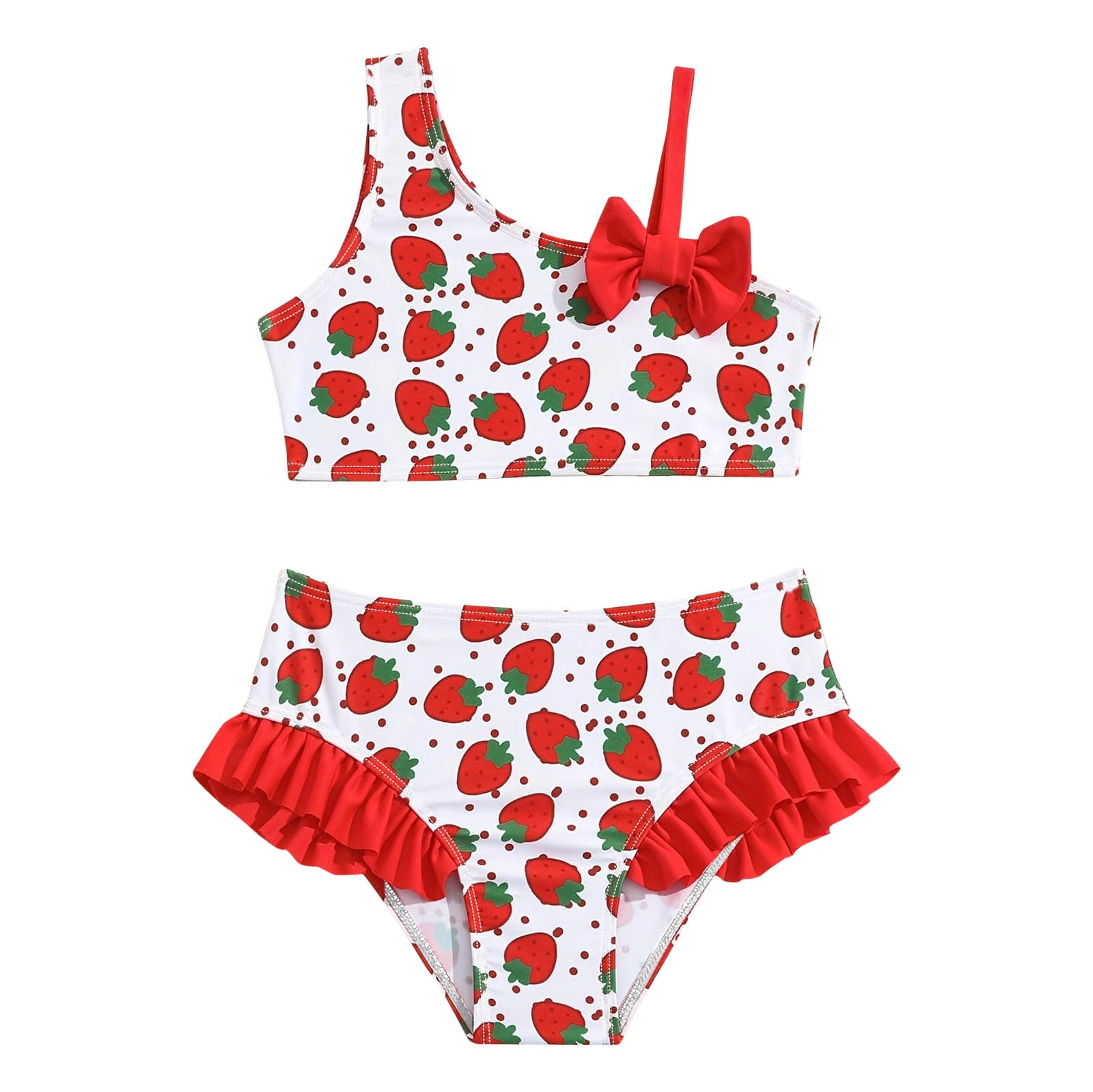 newwalpole 4-5 Y Girls 2 Piece Bathing Suit Shinny Strawberry Ruffles One Shoulder Swimsuits ...