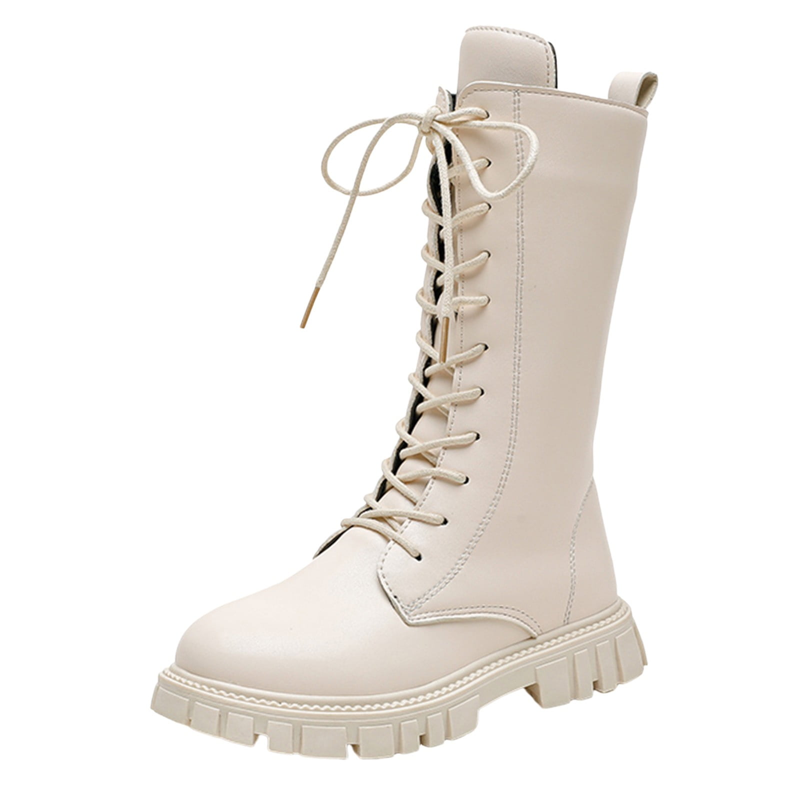 newwalpole Girls Lace Up Boots - White PU Leather Side Zipper Mid Calf ...