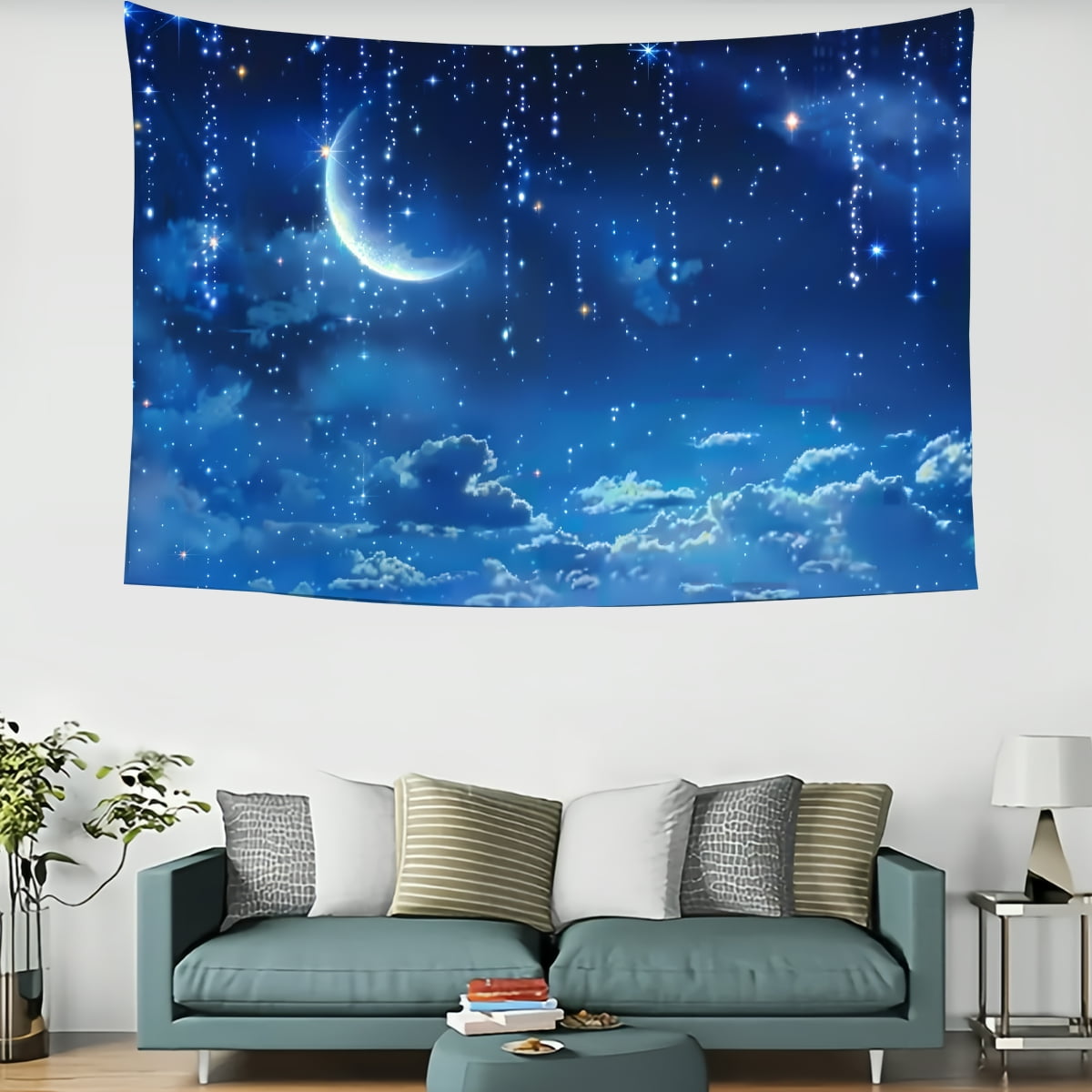 night sky stars crescent moon Decorations for Dorm, 100% Polyester Wall ...