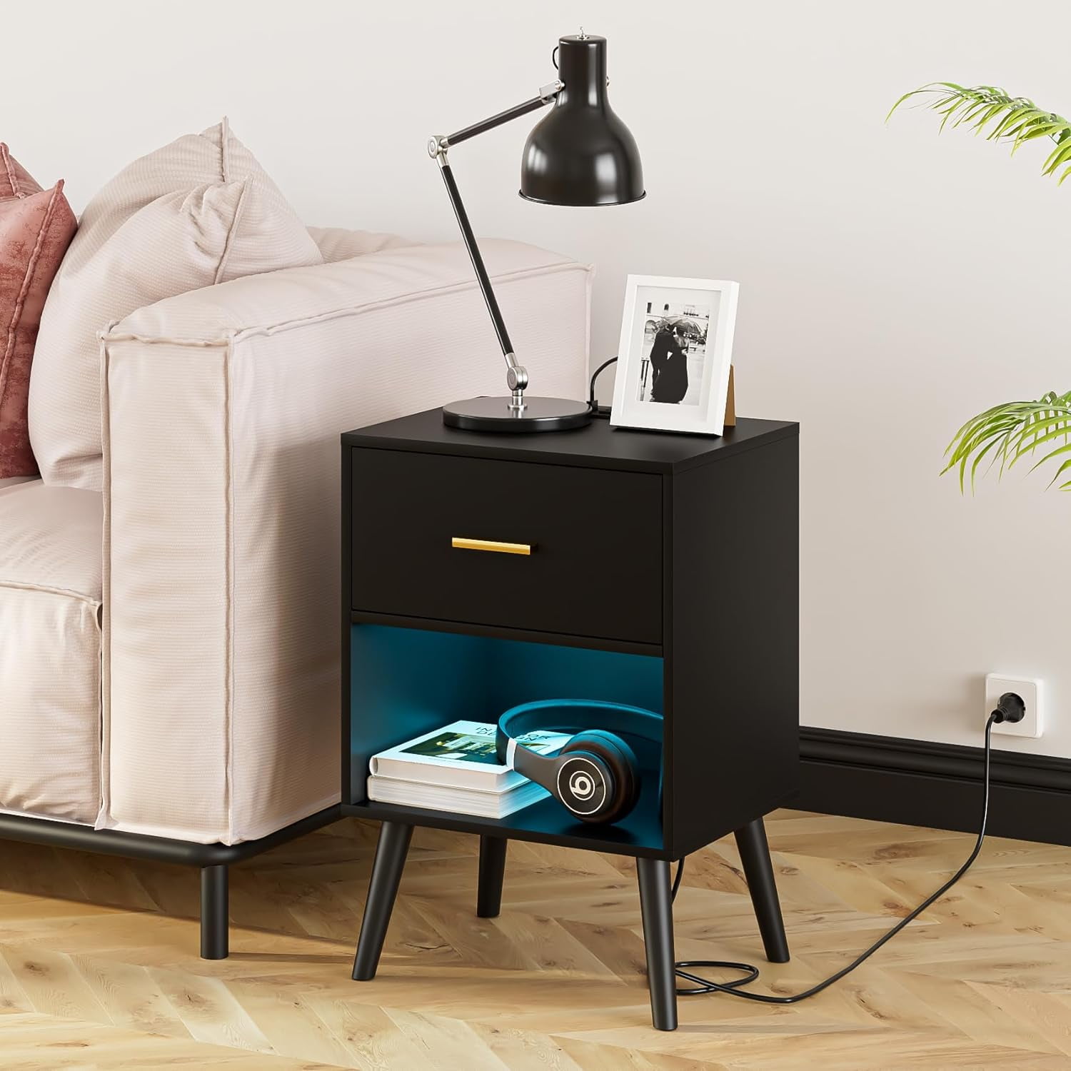nightstand with charging station and led lights, small side table, bedside table with drawer ...