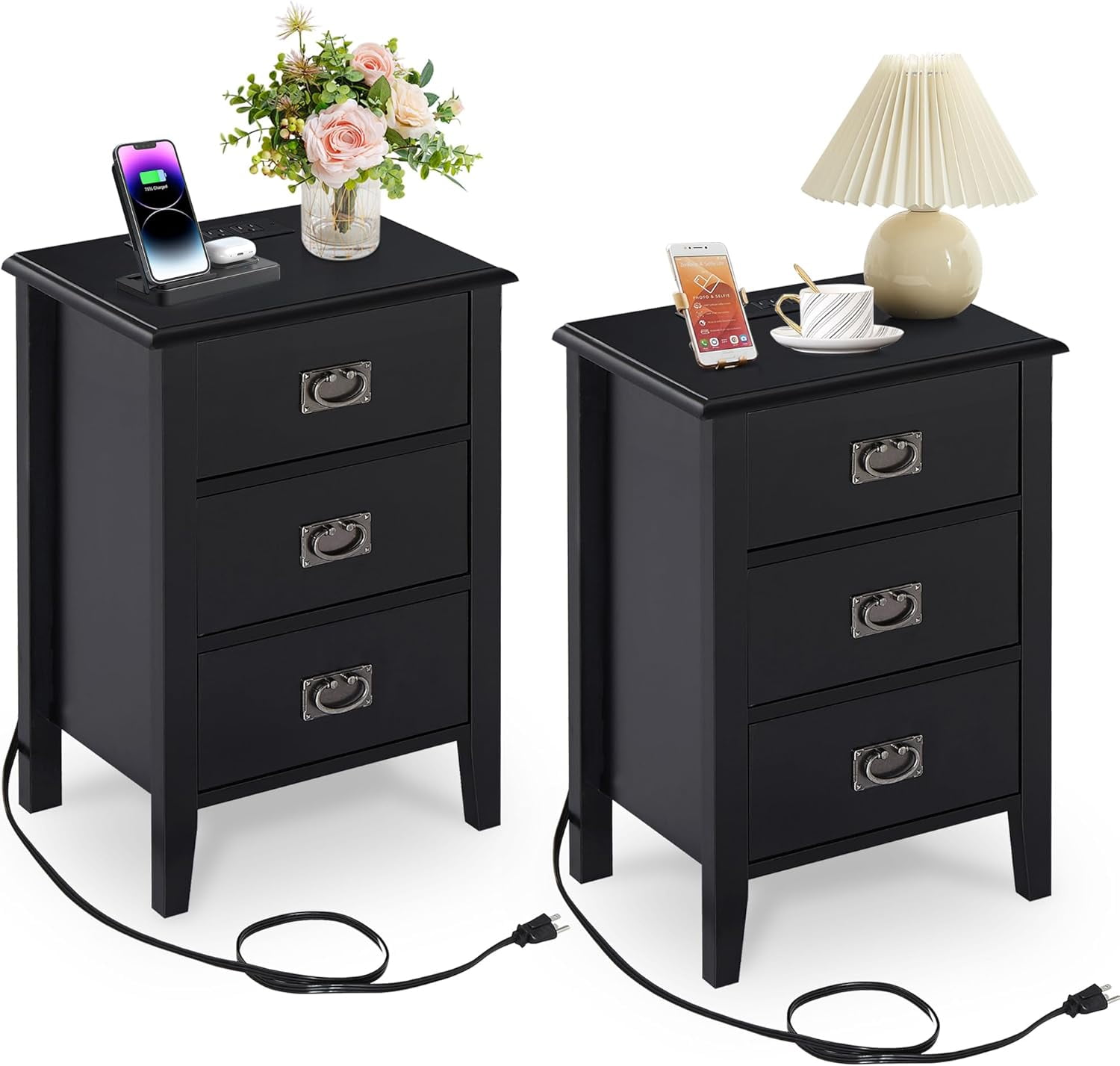 **nightstand set of 2 with charging station, vintage solid wood end ...