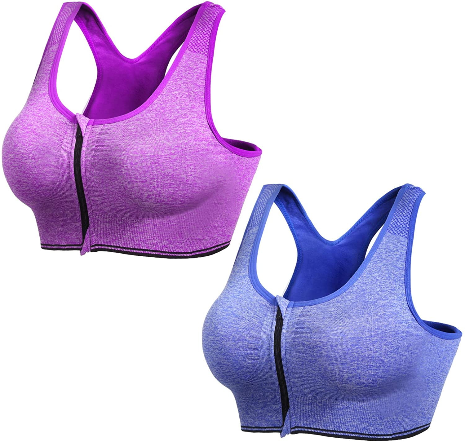 nine bull 2 Pack Women's Zip Front Sports Bra Comfortable Racerback ...