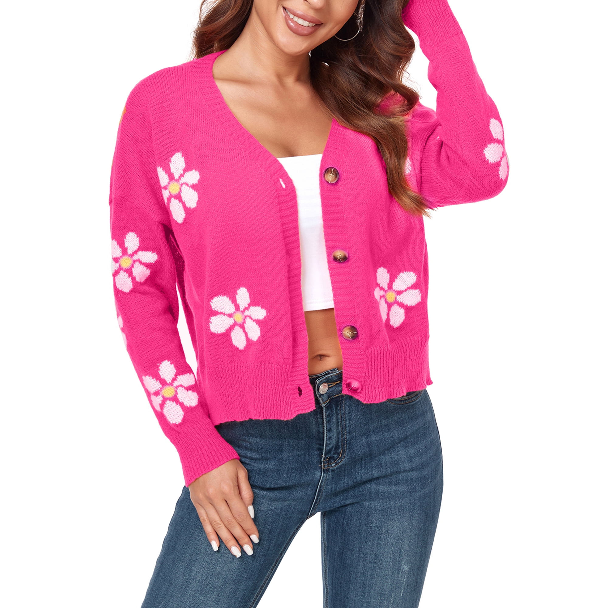 nine bull Women's Long Sleeve Floral Cardigan Sweater, V Neck Open ...