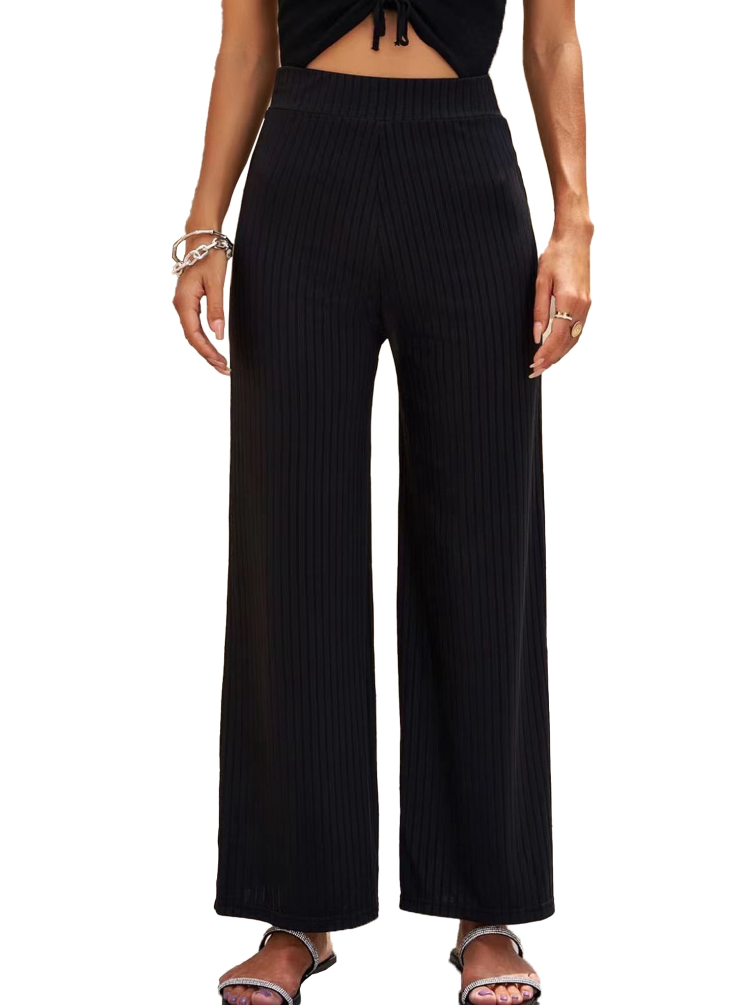 nine bull Women's Ribbed Wide Leg Pant,Elastic Waist Flowy Sweater ...
