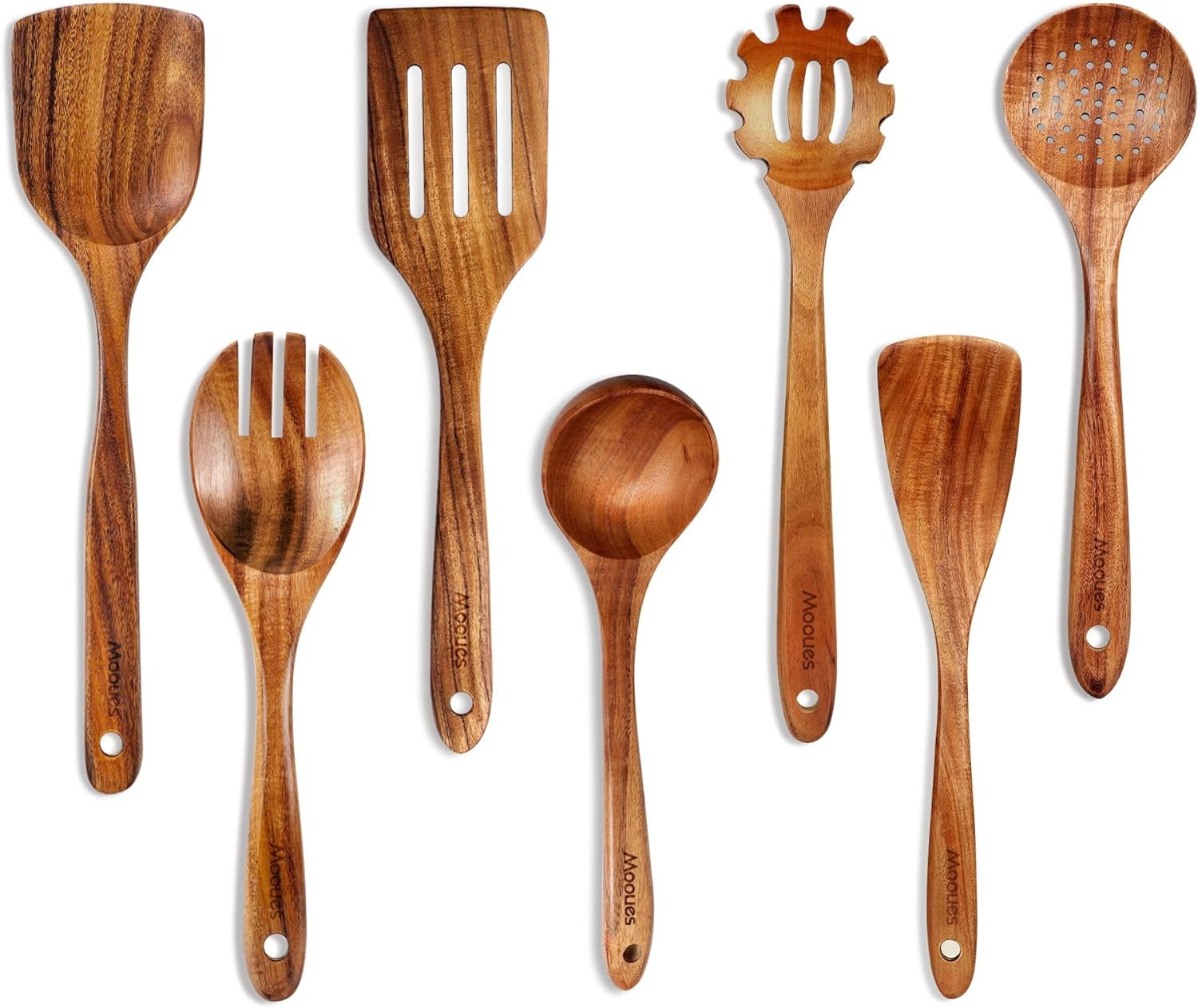 dxynlzq 9 Piece Natural Teak Wooden Kitchen Utensil Set with Spoon Rest ...