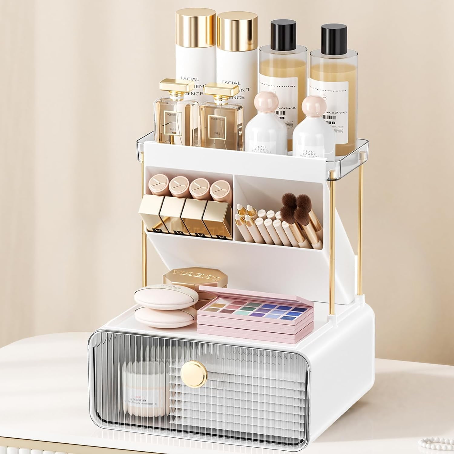 nltwyib Makeup Organizer with Drawer for Vanity 2 Tier 5 Zones Cosmetic ...