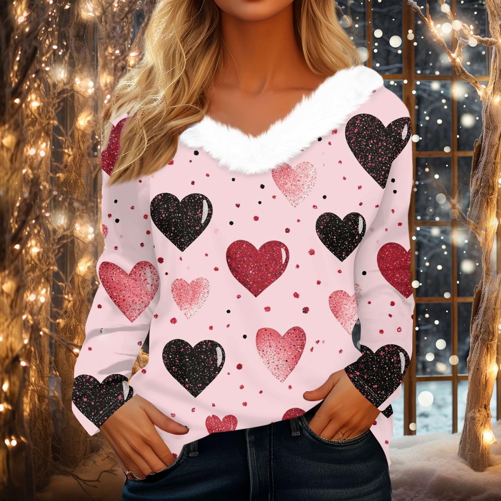 nochalofo Valentine's Day Sweatshirt for Women, Long Sleeve V Neck Heart Print T Shirt, Women's ...