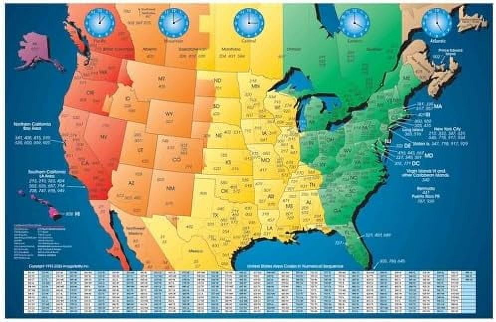 north america laminated gloss time zone area code map with reverse ...