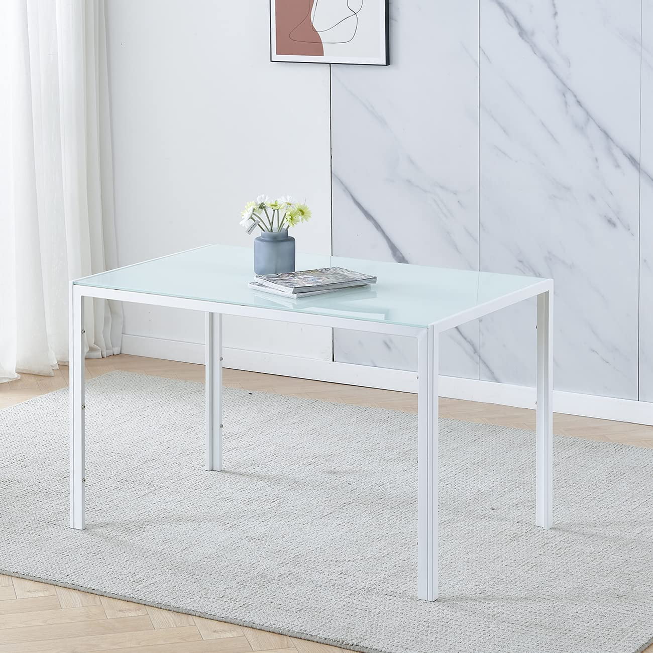 nozama White Glass Dining Table Rectangle with Metal Legs Metal Frame ...