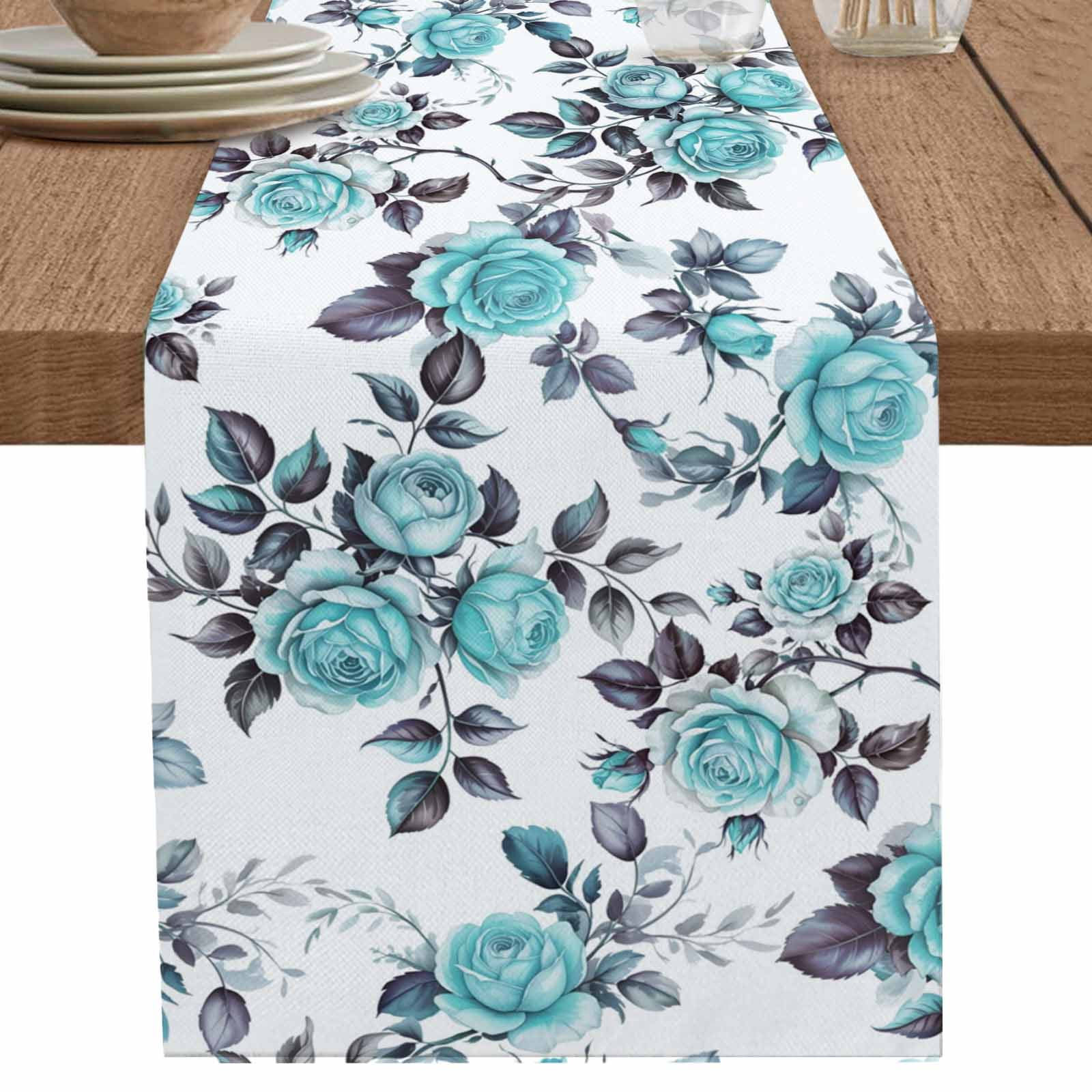 nqOlkjepod Aqua Rose Table Runner 108 Inches Long Farmhouse Dress ...