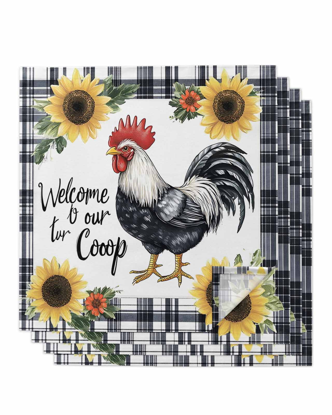 nqOlkjepod Black White Retro Rooster Cloth Napkins Set of 4 Reusable ...
