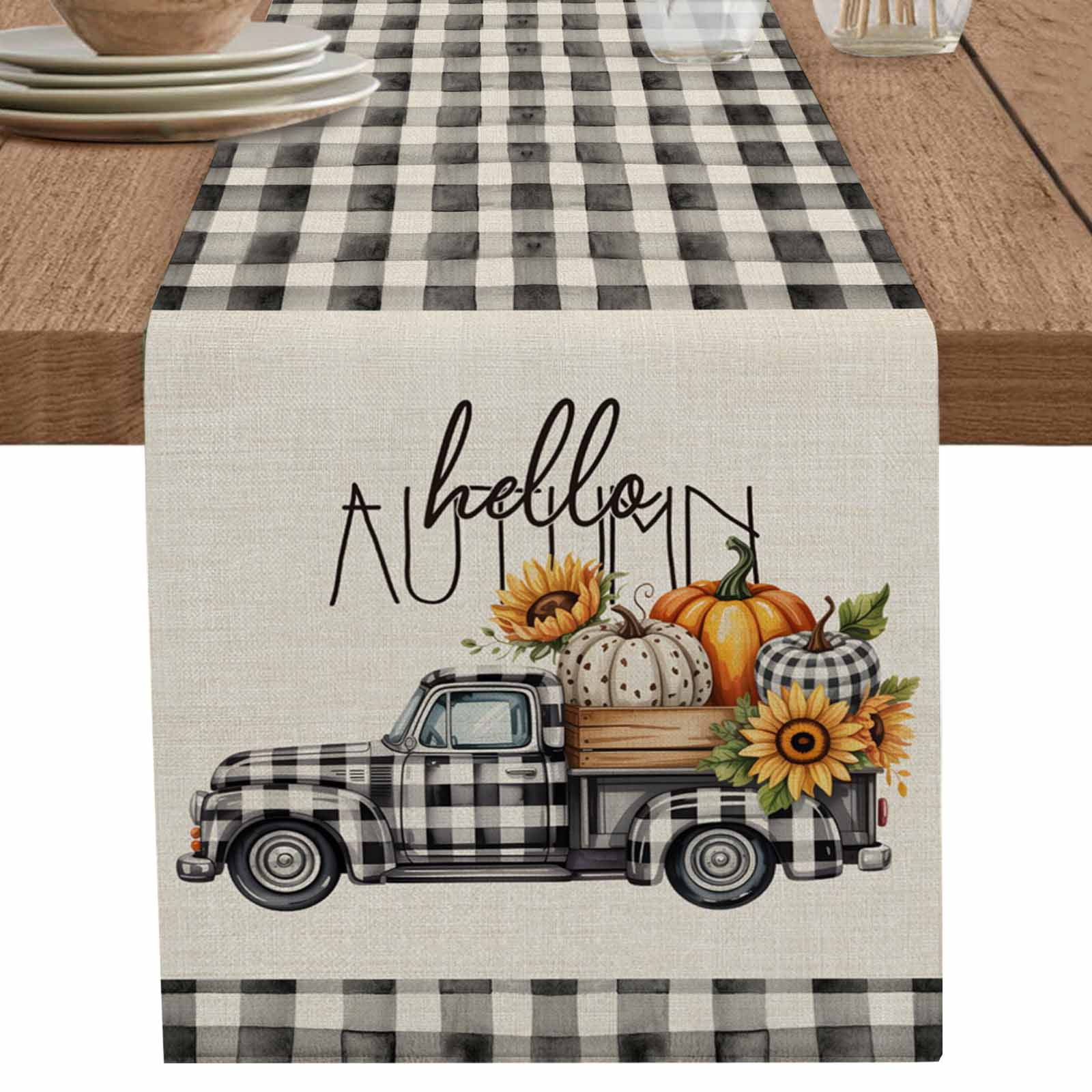 nqOlkjepod Black White Truck Fall Table Runner 72 Inches Long Farmhouse ...