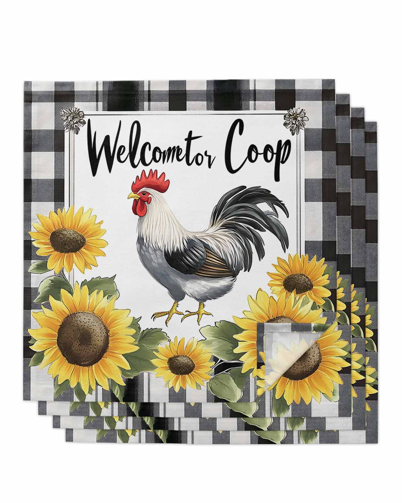 nqOlkjepod Black White Vintage Rooster Cloth Napkins Set of 4 Reusable ...