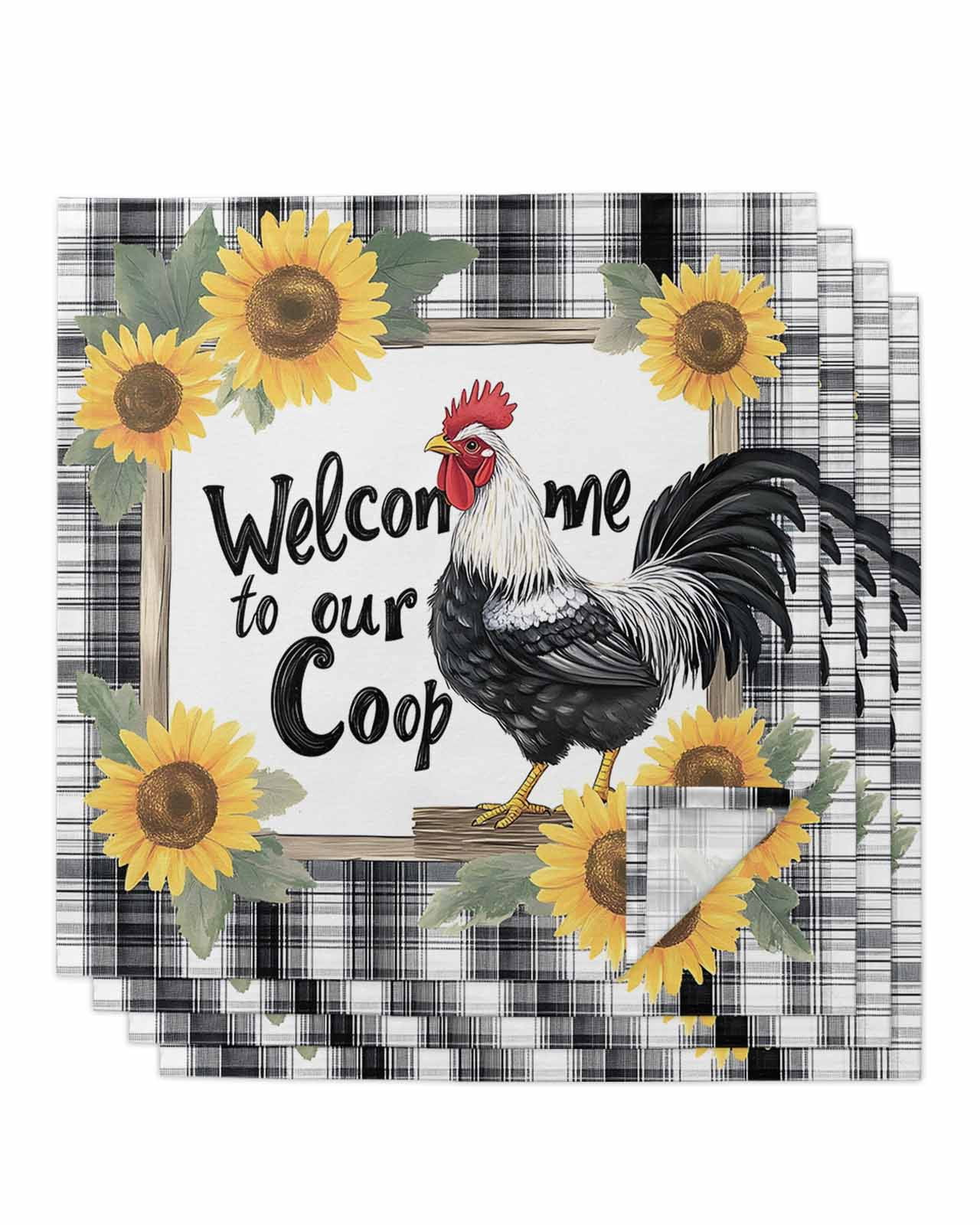 nqOlkjepod Black White Vintage Rooster Cloth Napkins Set of 4 Reusable ...