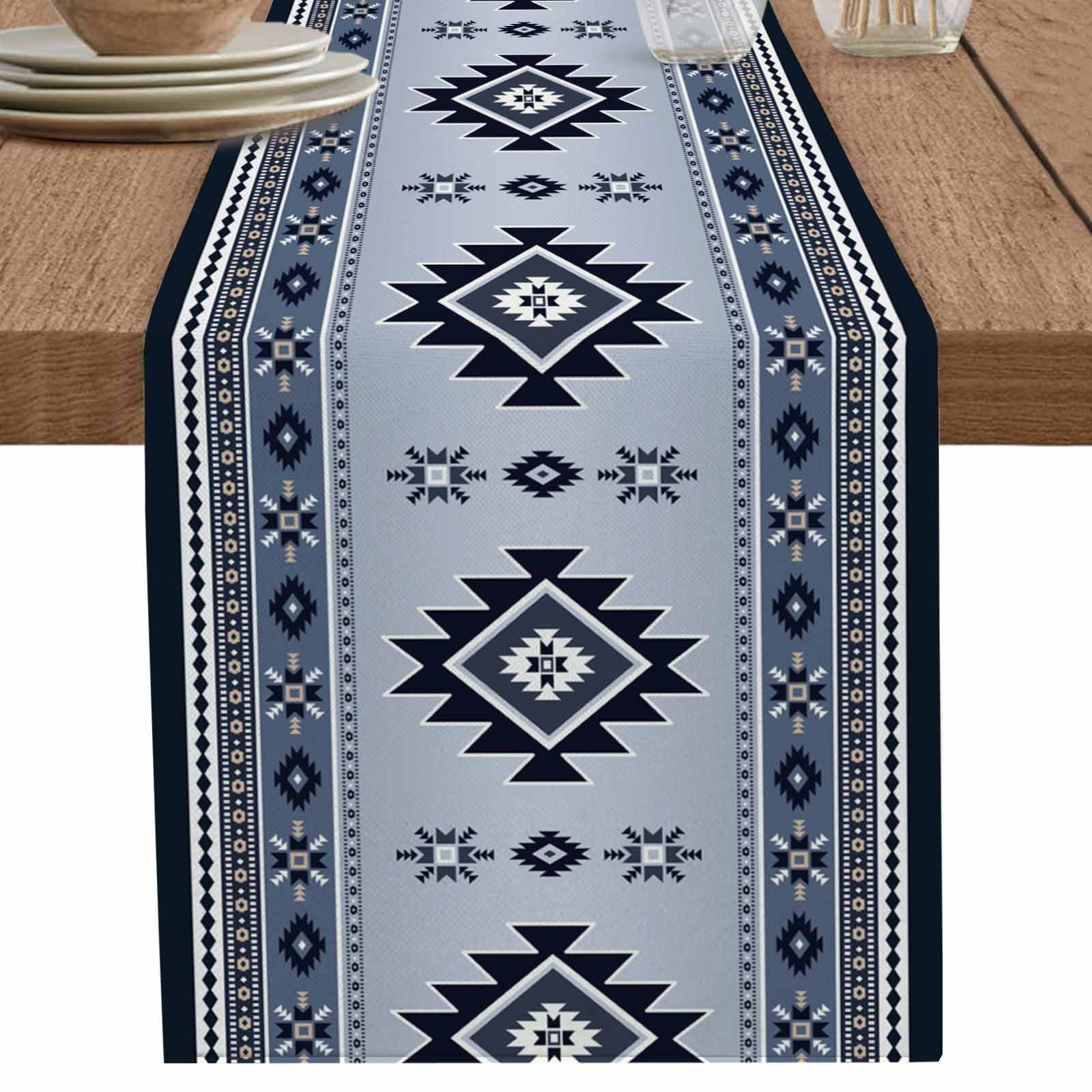 nqOlkjepod Blue Aztec Table Runner 72 Inches Long Farmhouse Dress ...