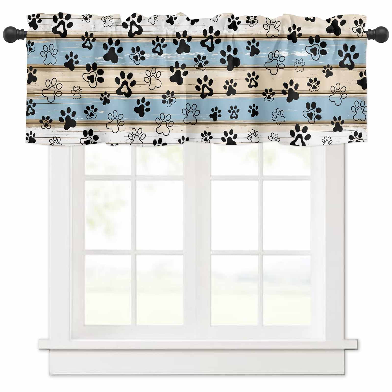 nqOlkjepod Blue Beige Paw Print Farmhouse Short Window Curtain Valances ...