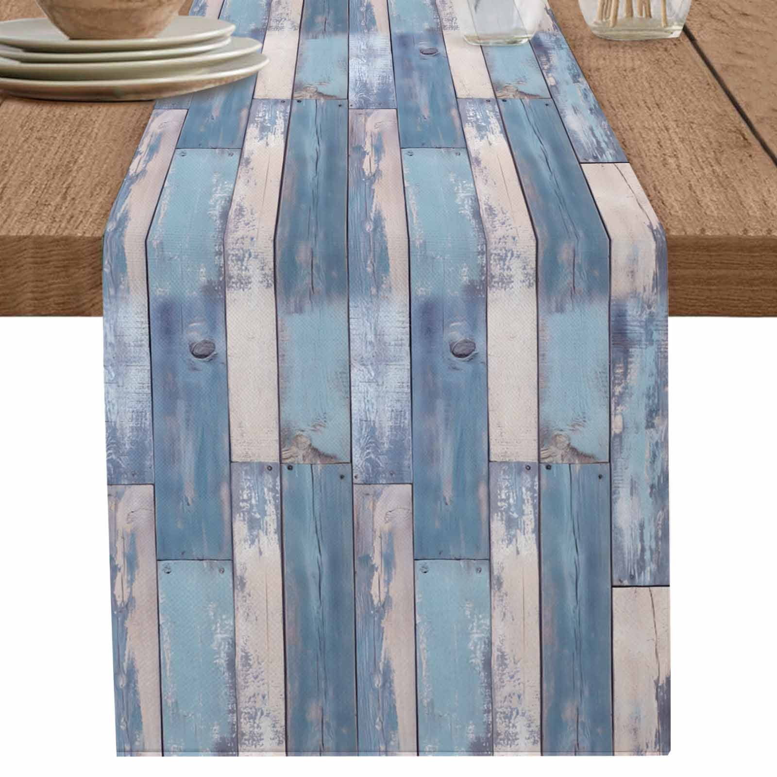 nqOlkjepod Blue Beige Wooden Table Runner 36 Inches Long Farmhouse ...